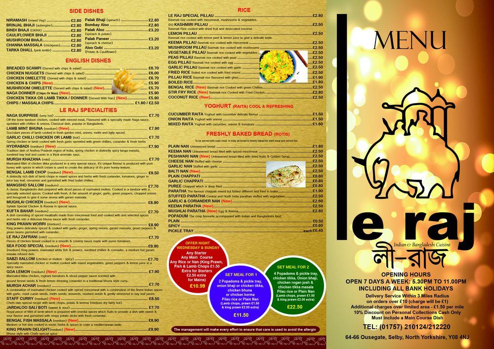 Menu at Le Raj restaurant, Selby