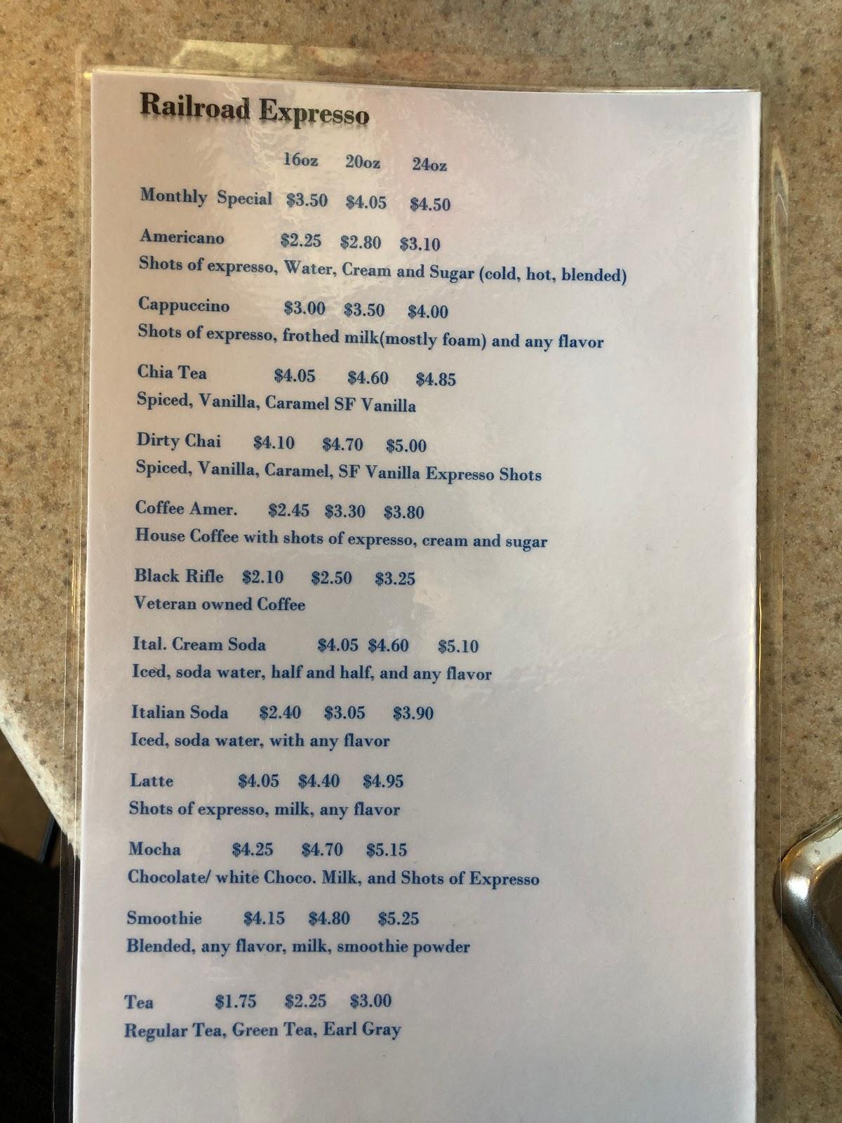 Menu at Railroad Expresso, Lander