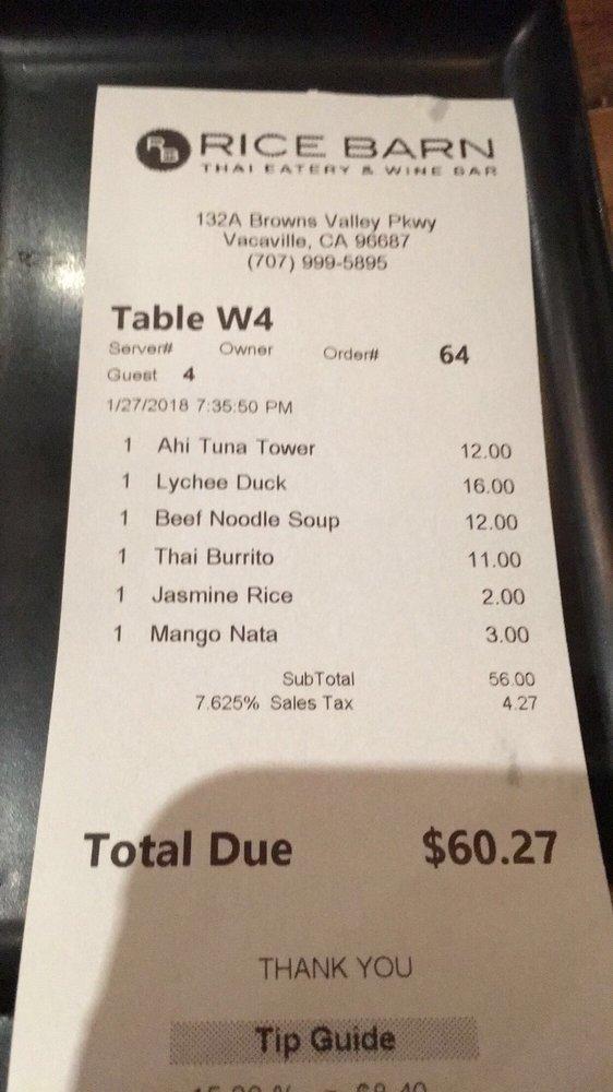 Menu at Rice Barn Thai Eatery and Wine Bar, Vacaville