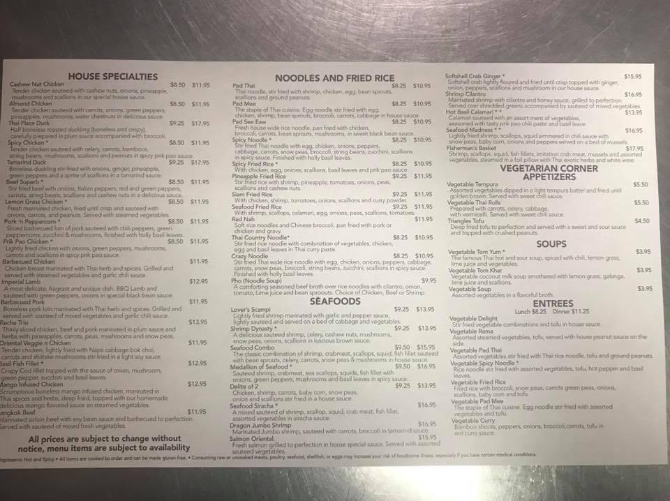 Menu at Thai Place restaurant, Sturbridge