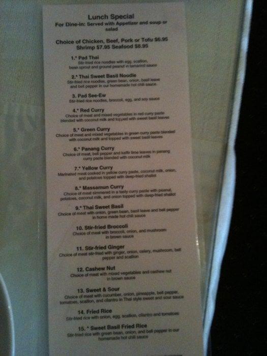 Menu at Thai Sweet Basil restaurant, Tampa, Northdale Blvd