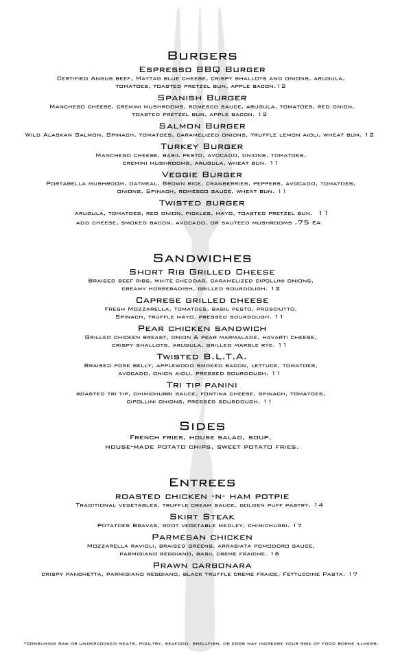 Menu at The Twisted Fork restaurant, Reno