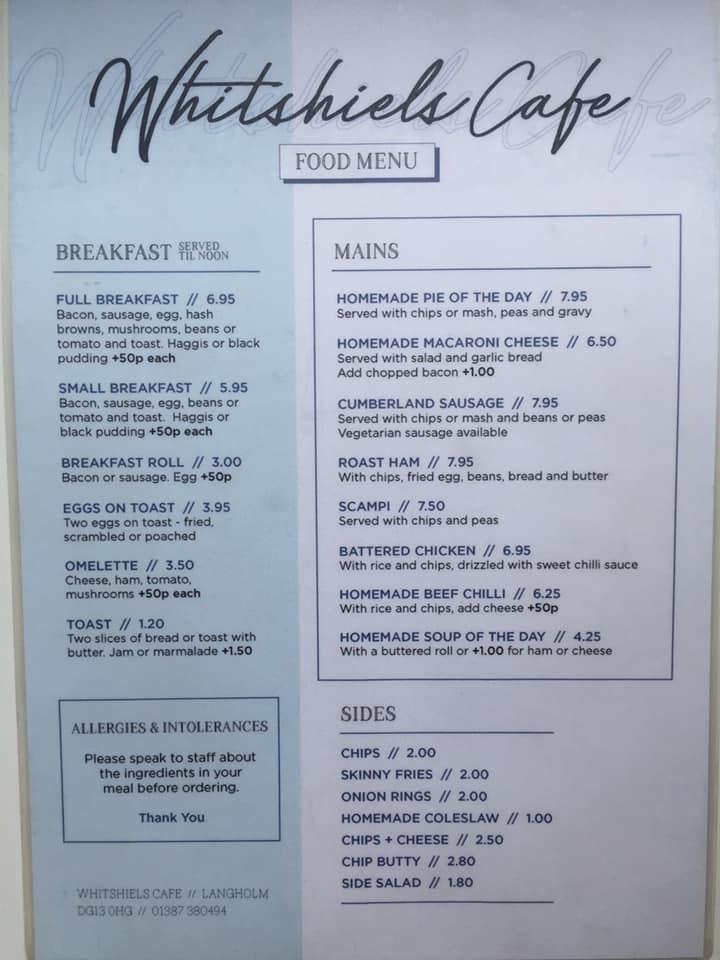 Menu at Whitshiels Cafe, Langholm