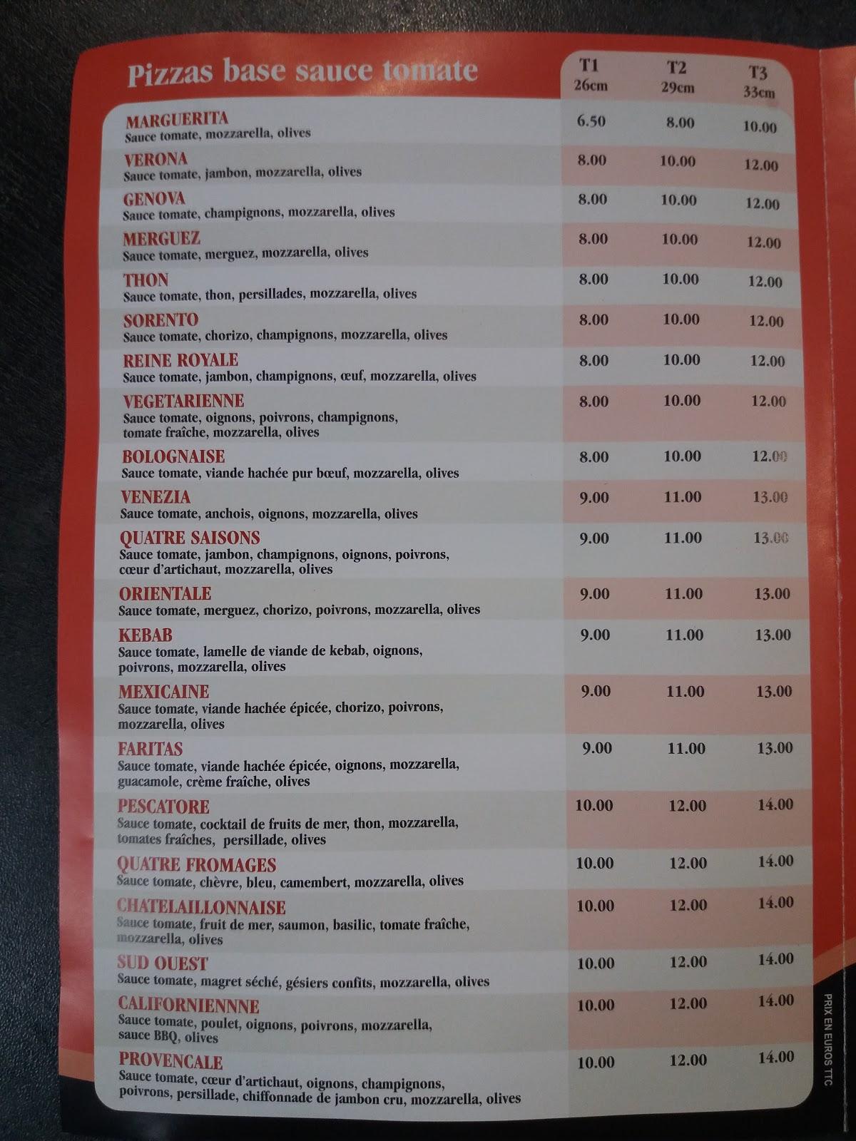 Menu au Pizzeria Chez Pascal, Châtelaillon-Plage, 31 Bd de Lattre de ...