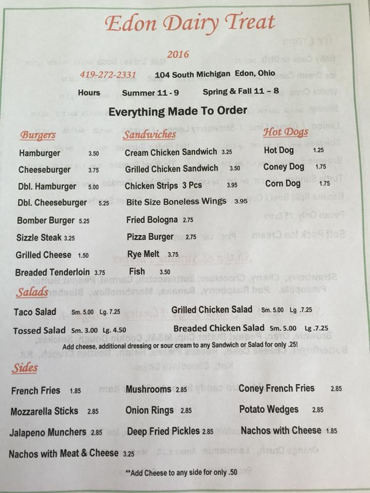 Menu at Edon Dairy Treat restaurant, Edon