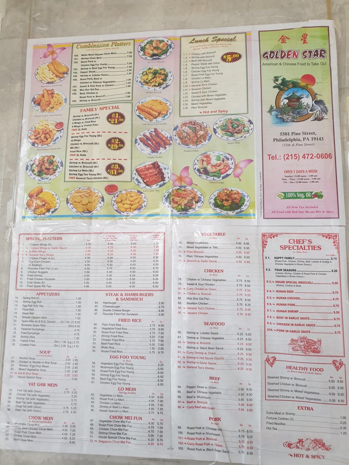 Menu at Golden Star restaurant, Philadelphia, Pine St