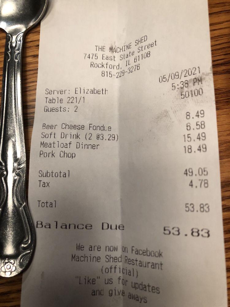 Menu at Machine Shed Restaurant, Rockford