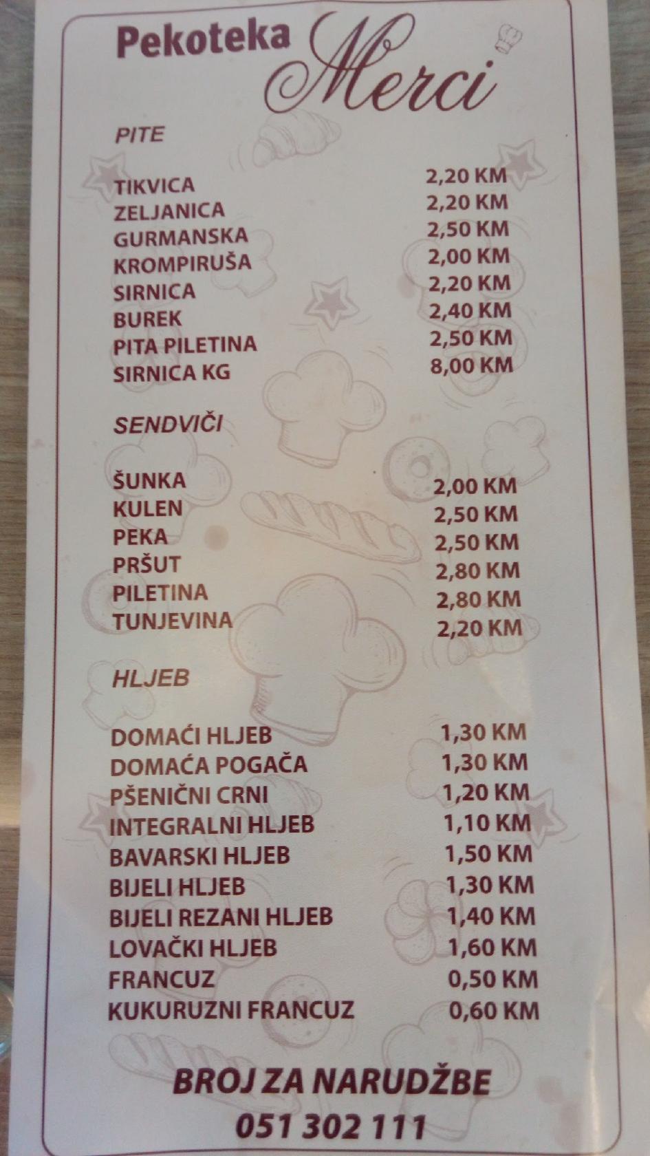 Menu at Merci, Banja Luka, Q59M+MPG