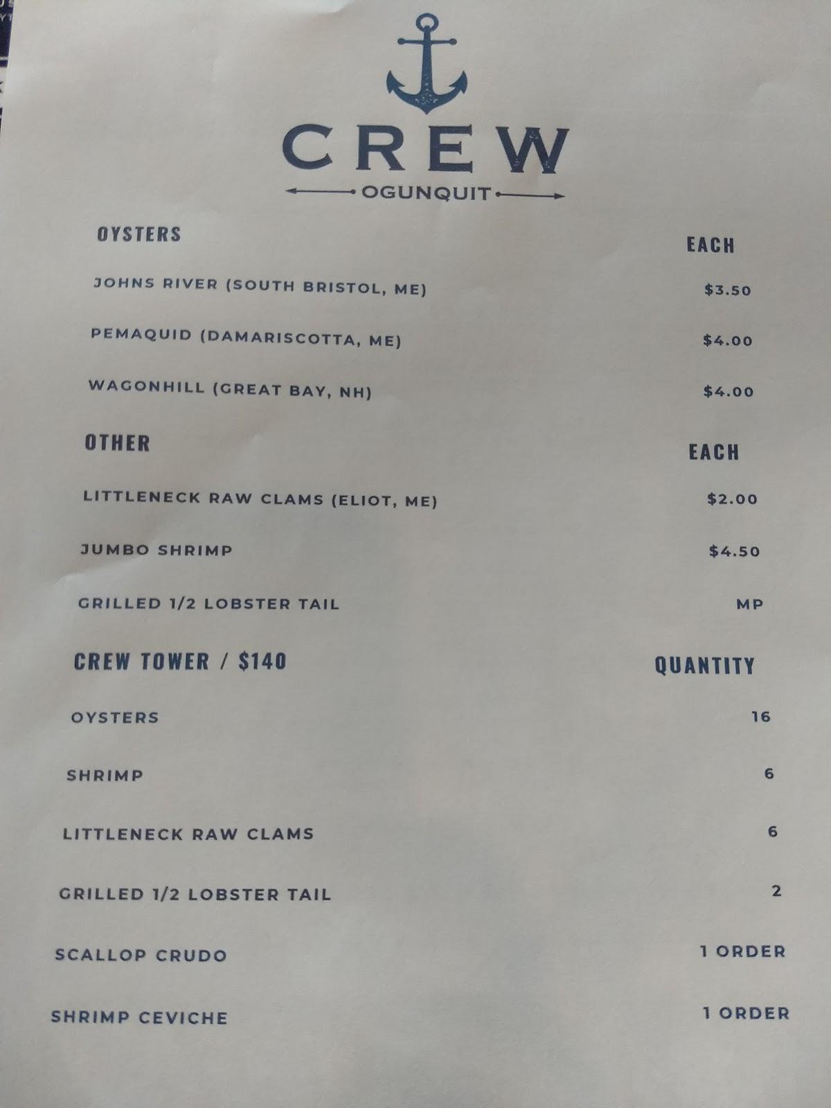 Menu at CREW Ogunquit pub & bar, Ogunquit