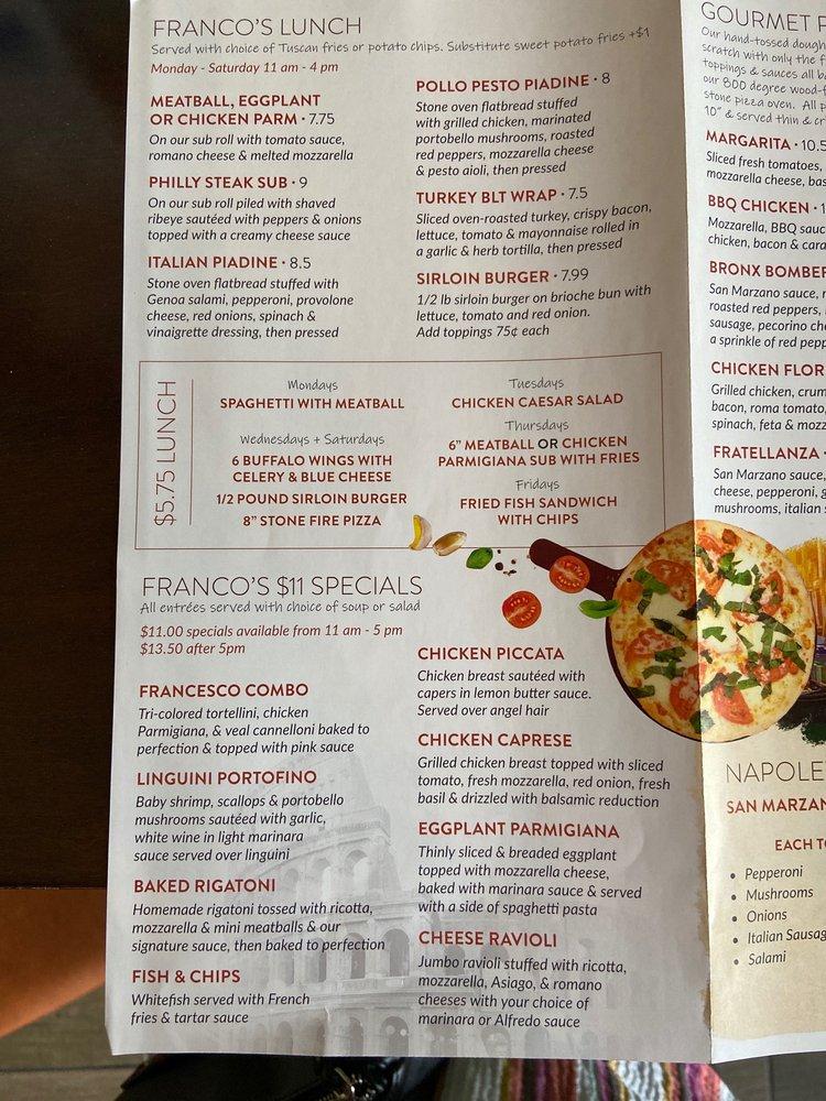 Menu at Francesco's Ristorante And Stone Fire Pizza pub & bar, Summerfield