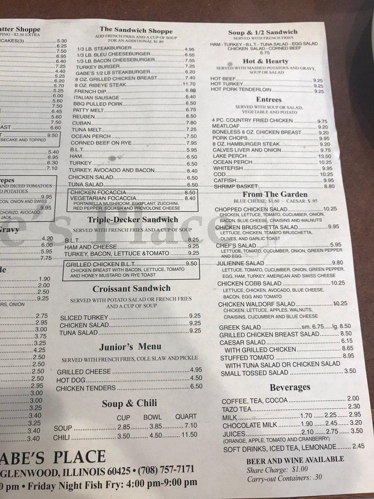 Menu at Gabe's Place restaurant, Glenwood