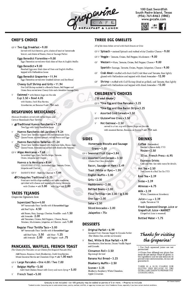 Menu at Grapevine Cafe, South Padre Island