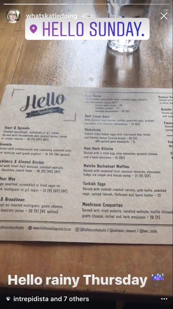 Menu at Hello Sunday cafe, Christchurch