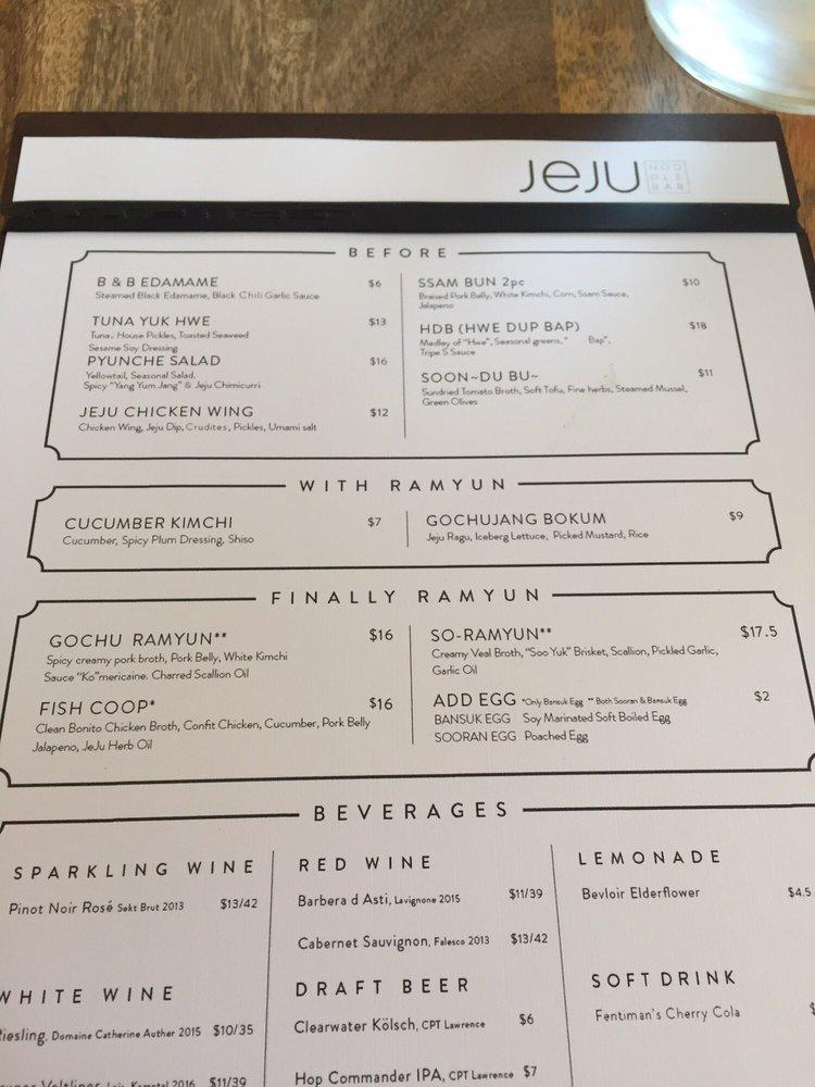 Menu at Jeju Noodle Bar, New York City