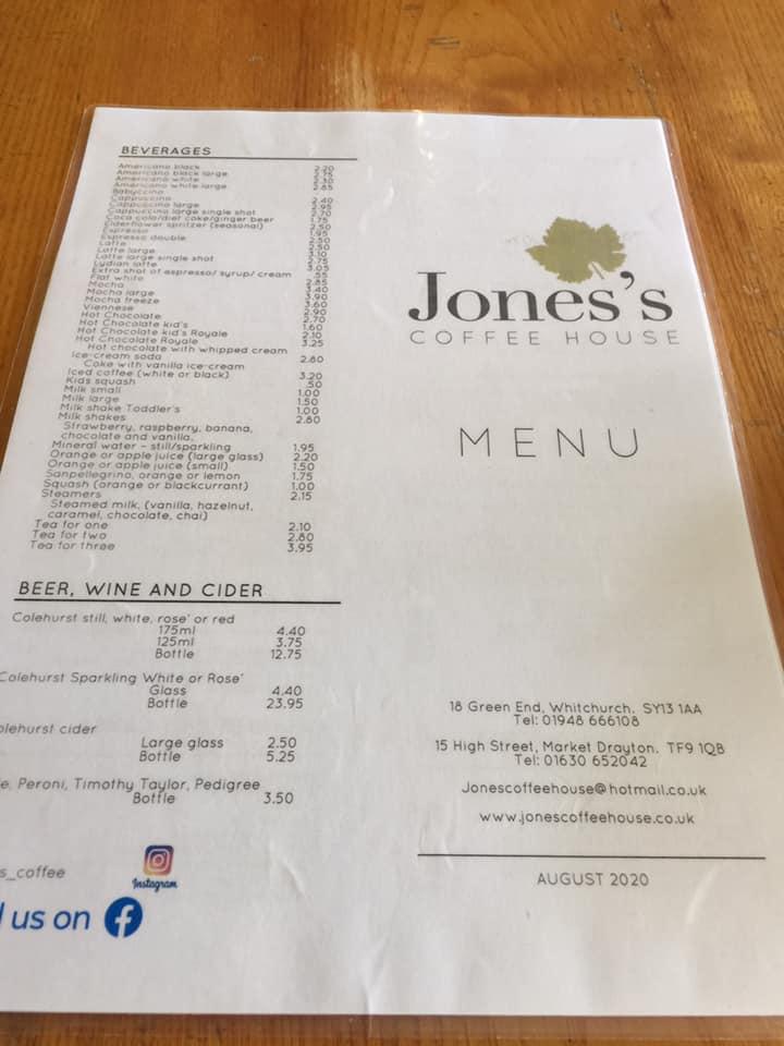 Menu at Jones Coffee House, Whitchurch