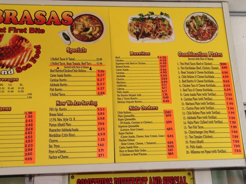 Menu at Las Brasas Taco Shop restaurant, San Diego, San Diego Ave