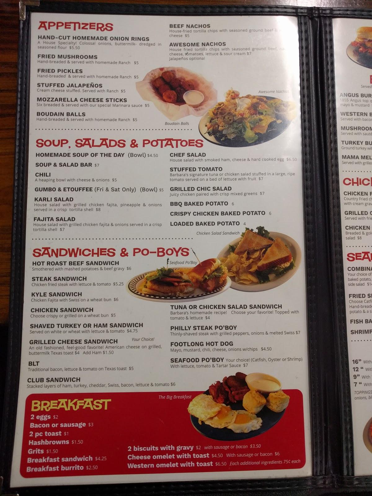 Menu at Mama Jack's restaurant, Kountze