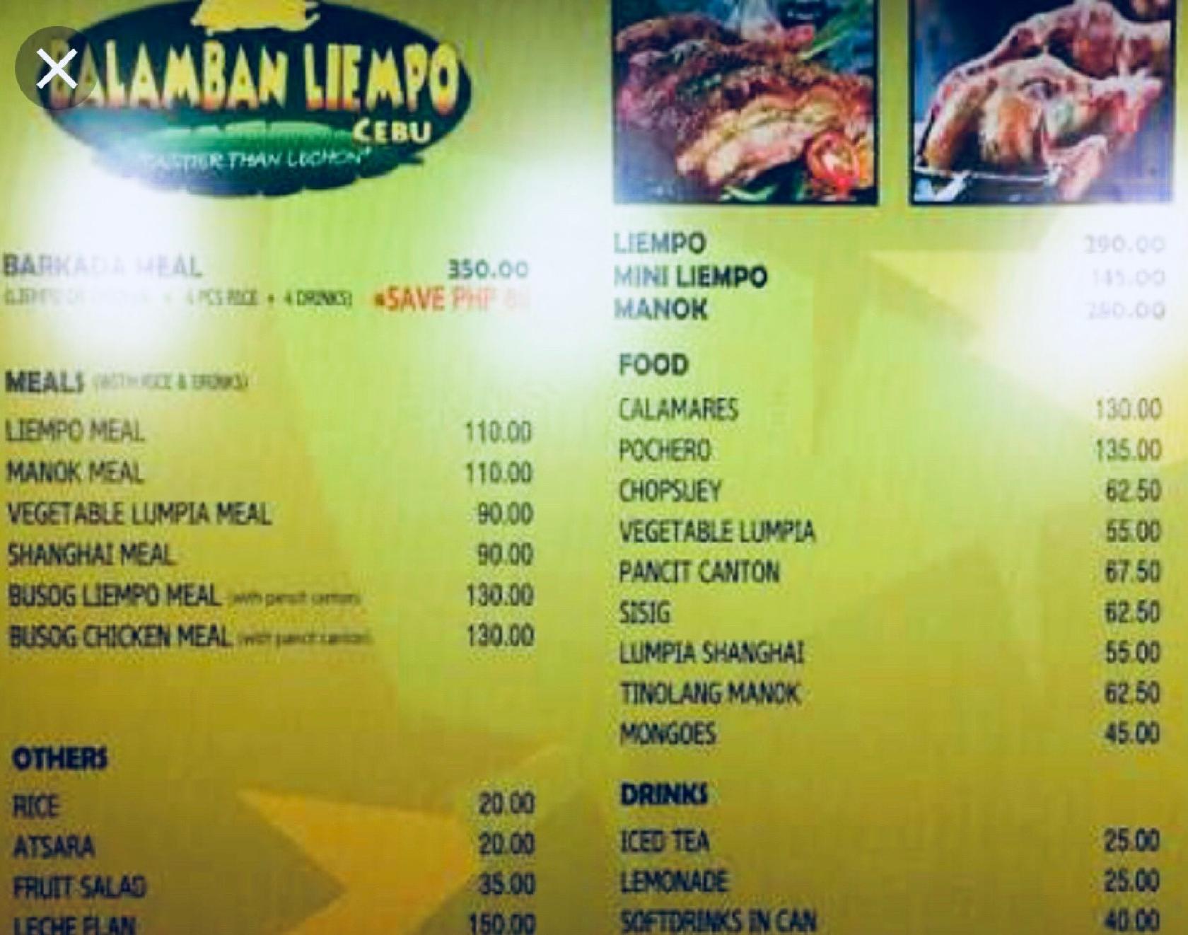 Carta del restaurante Mr. Liempo, Cebú, 8V2H+Q67