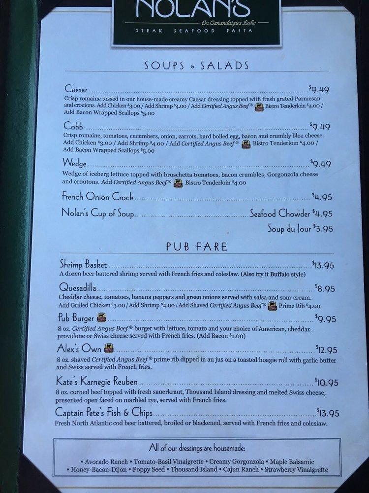 Menu at Nolan's steakhouse, Canandaigua
