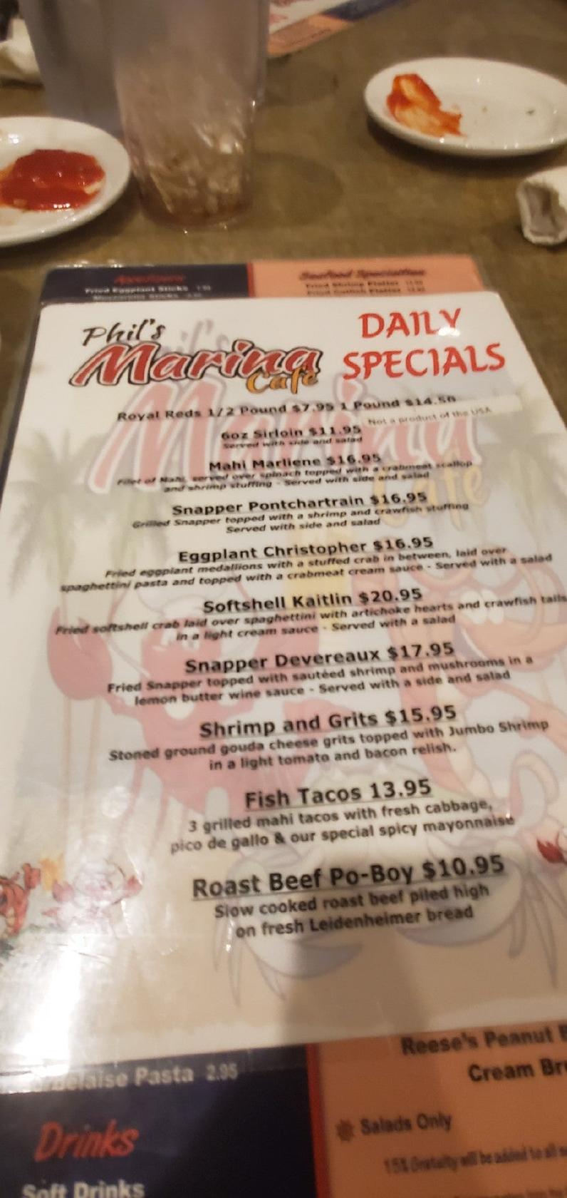 Menu at Phil's Marina Cafe, Slidell