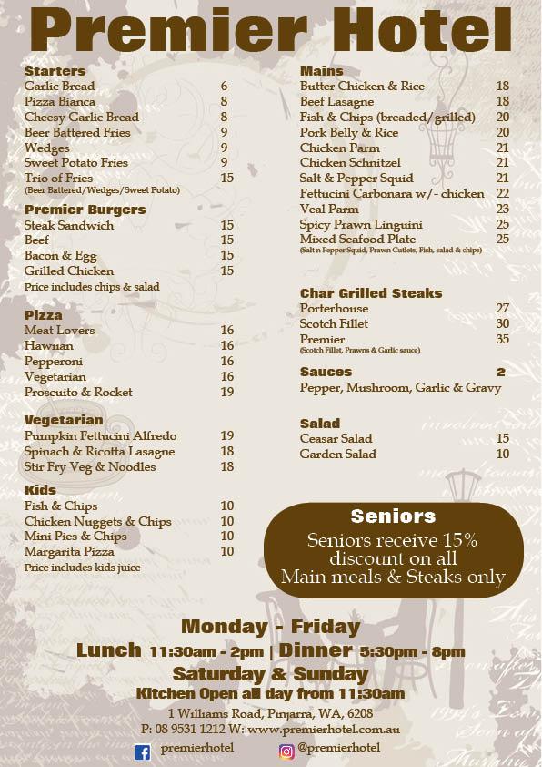 Menu at Premier Hotel Pinjarra pub & bar, Pinjarra