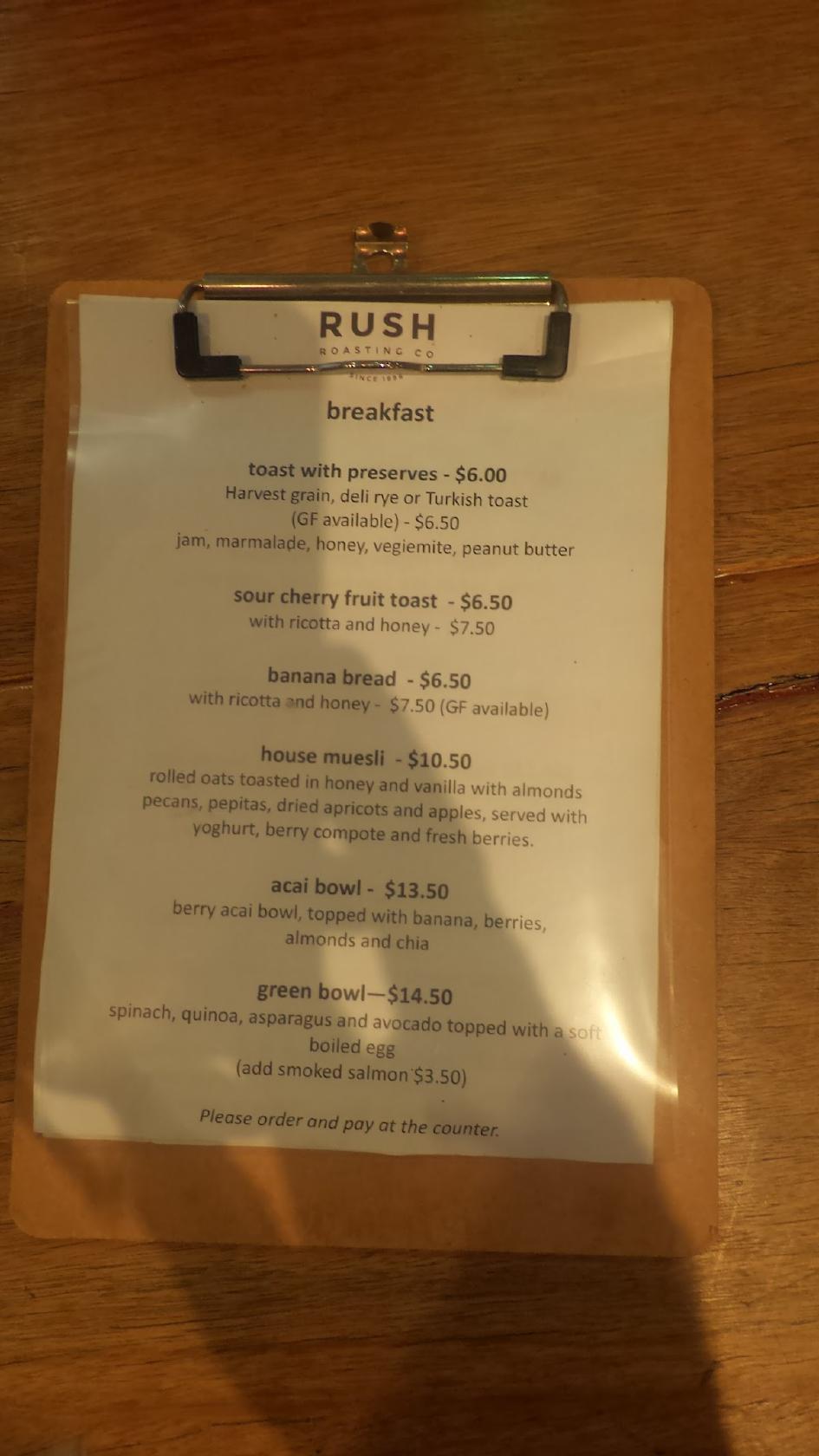 Menu at RUSH roasting co THE ROASTERY in Bowral restaurant, Bowral, 64 ...