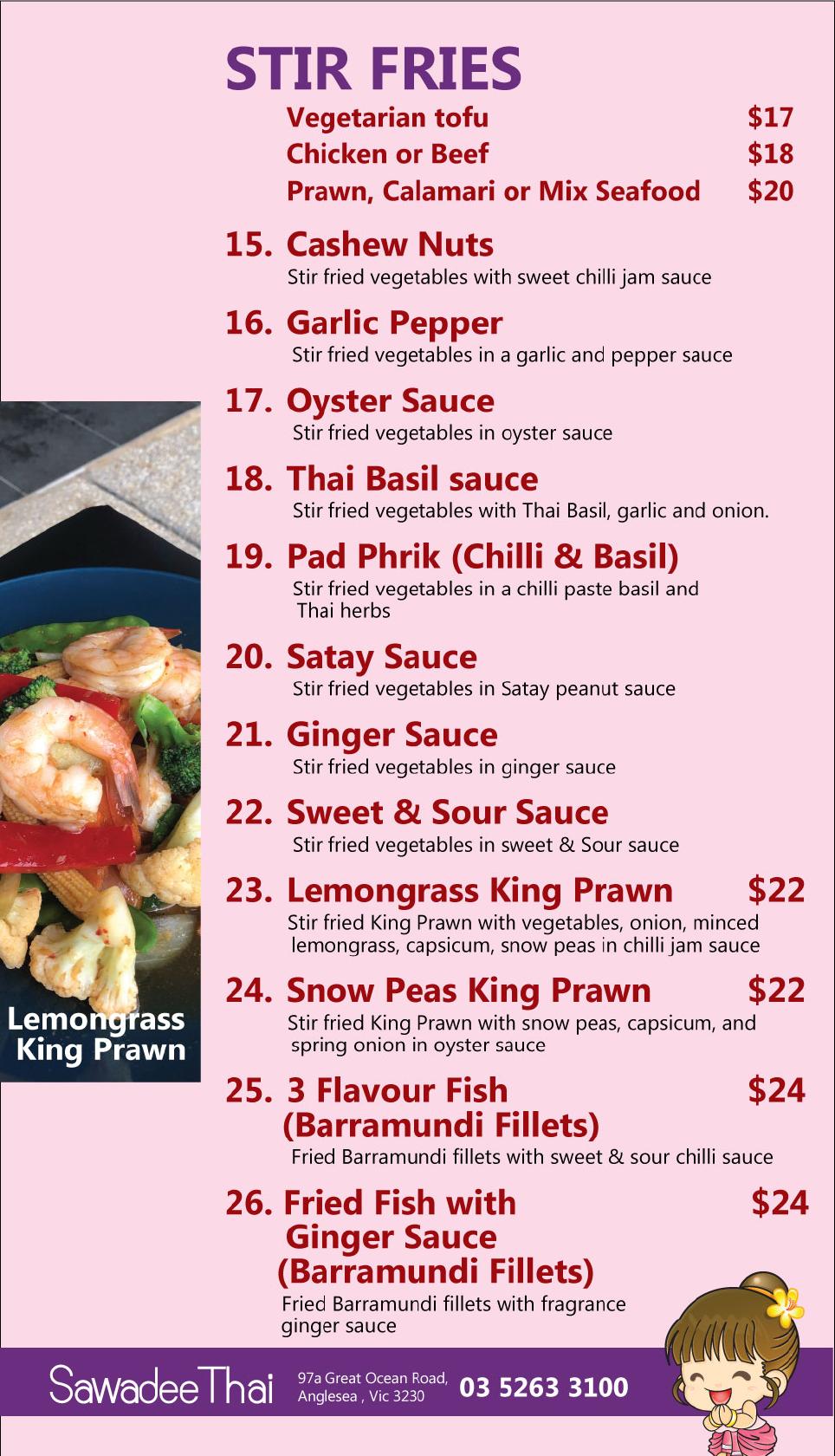 Menu at Sawadee Thai Anglesea restaurant, Anglesea