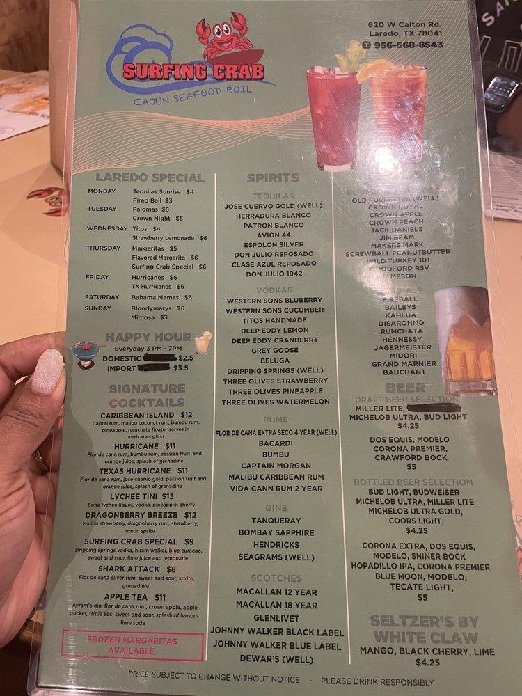 Menu at Surfing Crab Laredo restaurant, Laredo