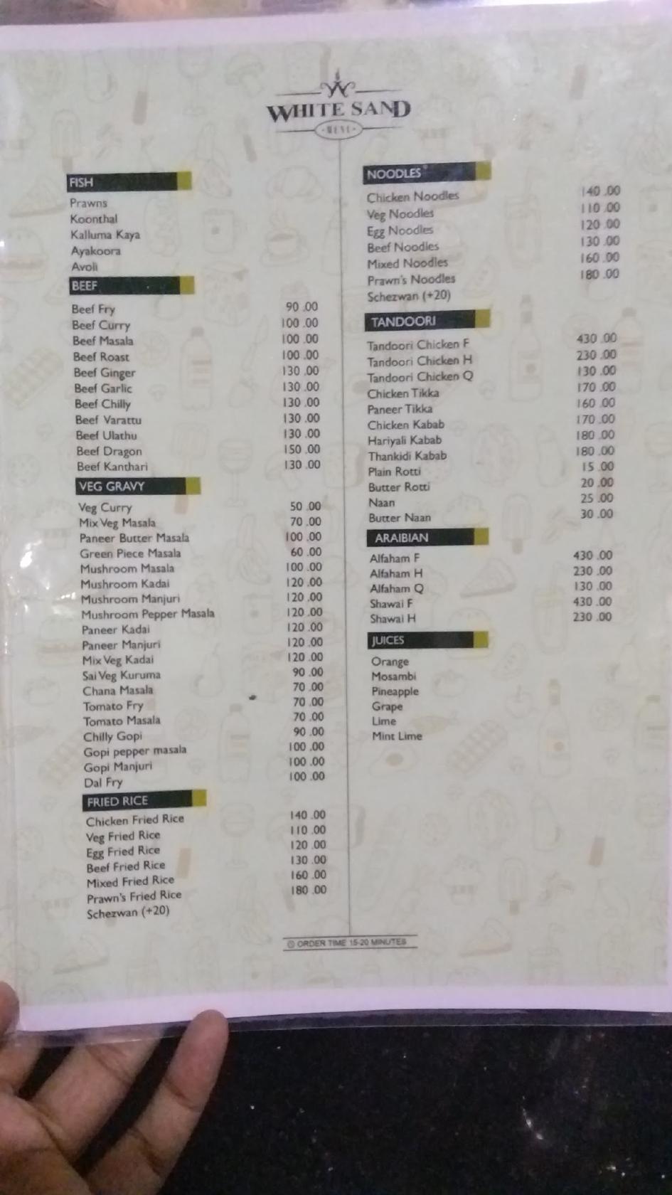 Menu at WhiteSand Restaurant, Pathirippala