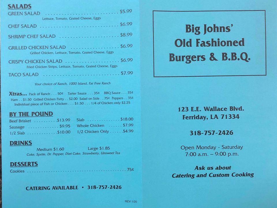 Menu at Big John's Bar-B-Que, Ferriday