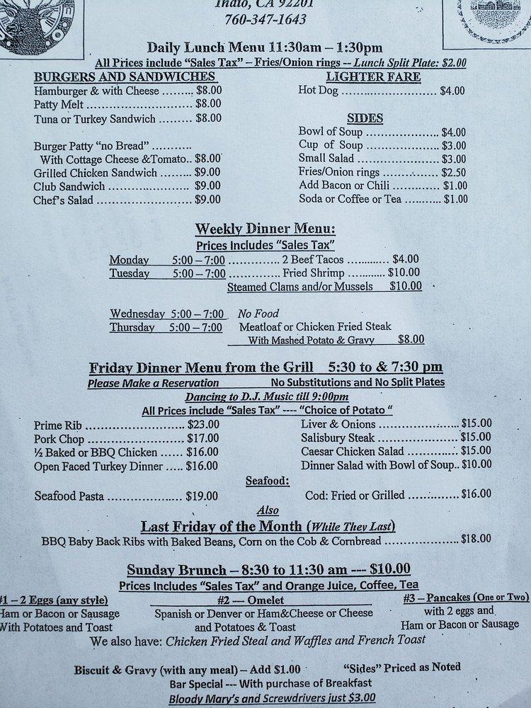 Menu at Indio Elks Lodge pub & bar, Indio