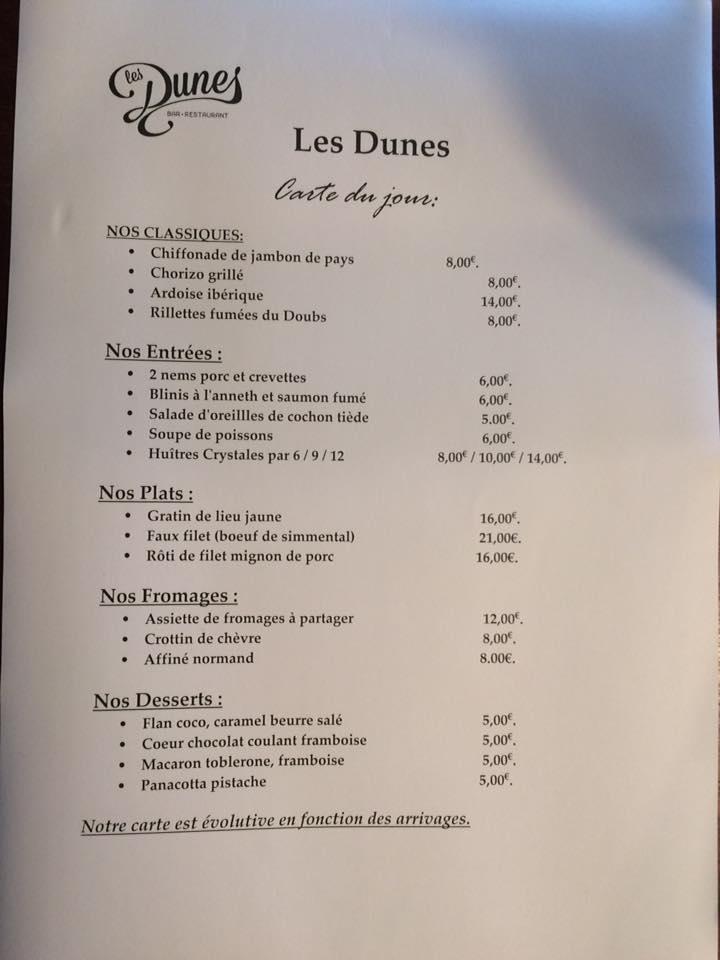 Menu at Les Dunes restaurant, Gouville-sur-Mer