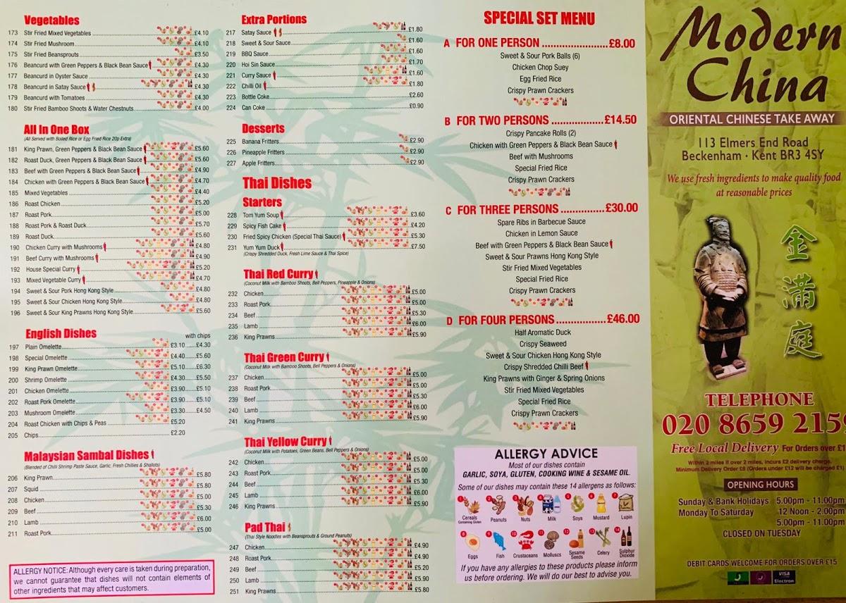 Menu at Modern China restaurant, Beckenham