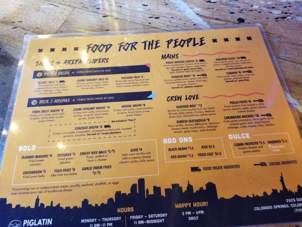 Menu at Piglatin Cocina pub & bar, Colorado Springs