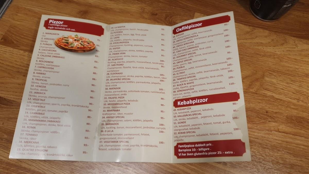 Menu at Tampico pizza restaurant, Gothenburg