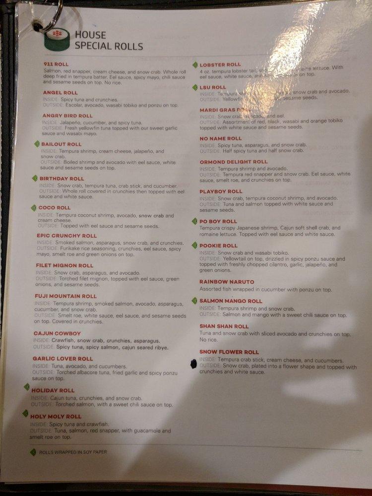 Menu at Taste of Tokyo restaurant, River Ridge