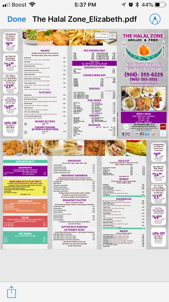 Menu at The Halal Zone restaurant, Elizabeth