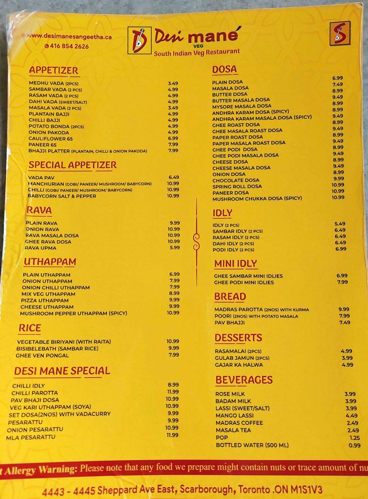 Menu at Desi Mane restaurant, Toronto