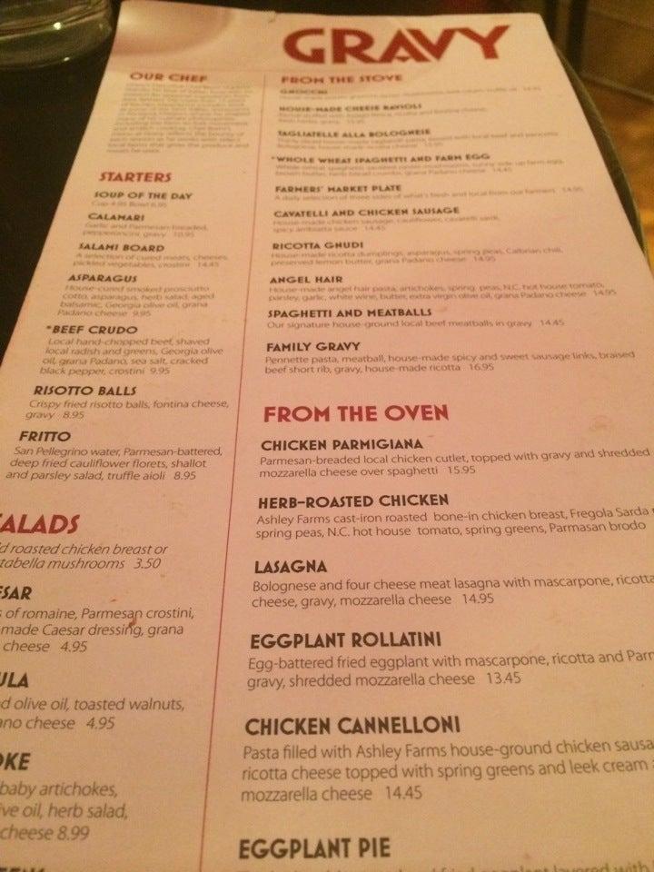 Menu at Gravy restaurant, Raleigh