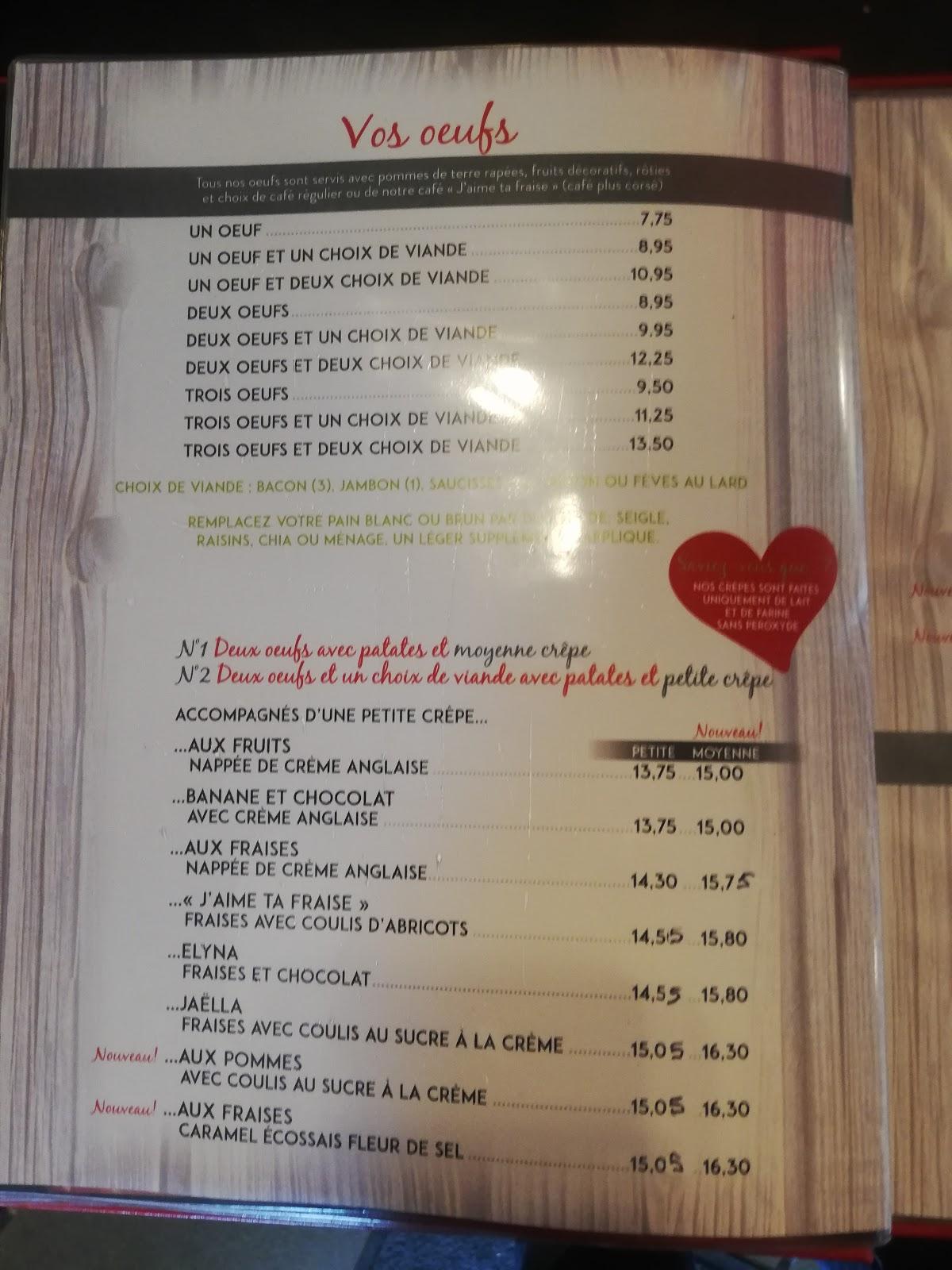 Menu at J'aime Ta Fraise restaurant, Sherbrooke, Rue King O
