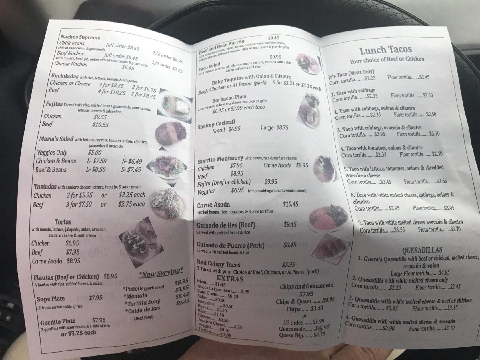 Menu at Los Gueros Taqueria restaurant, Tyler