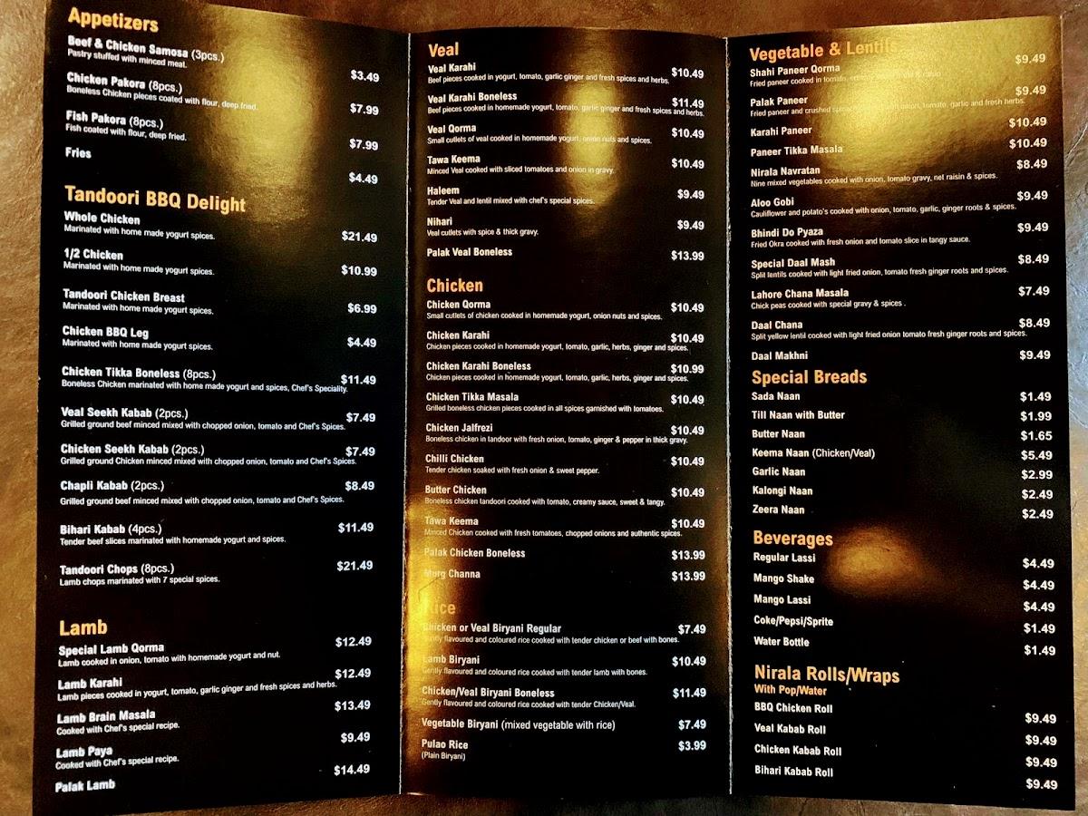 Menu at Nirala Sweets and Restaurant, Toronto