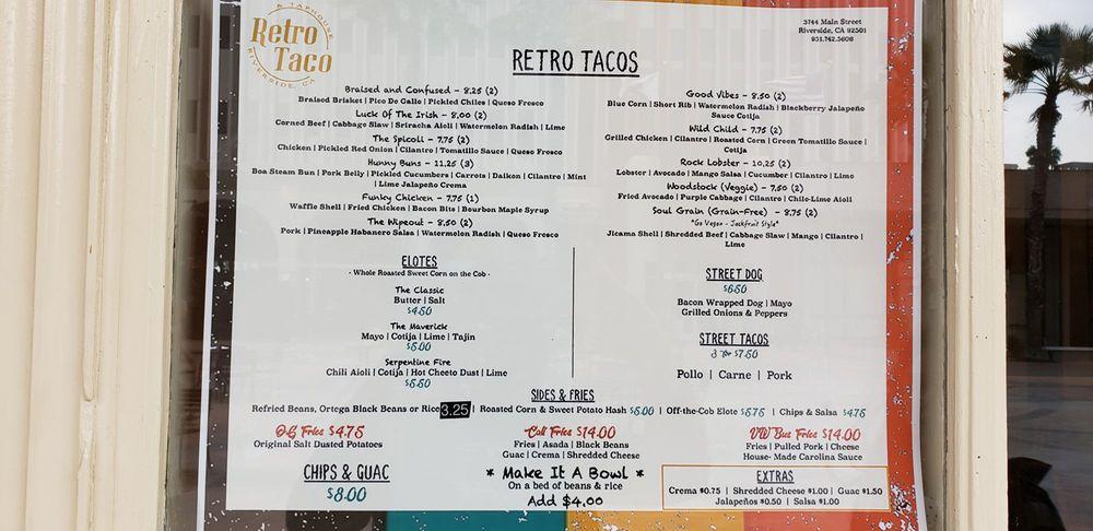 Menu at Retro Taco pub & bar, Riverside