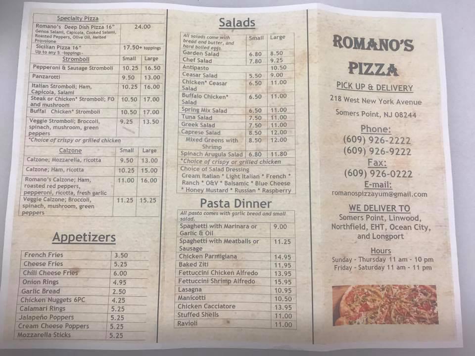 Menu at Romano's Pizza pizzeria, Somers Point