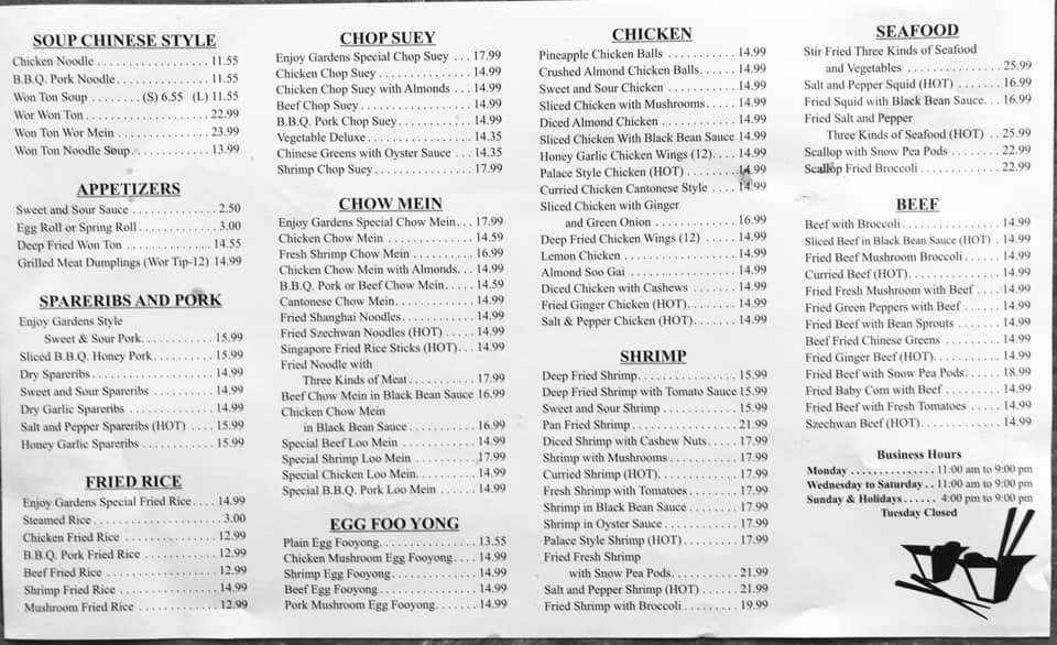 Menu at Enjoy Gardens Chinese Restaurant, Lethbridge