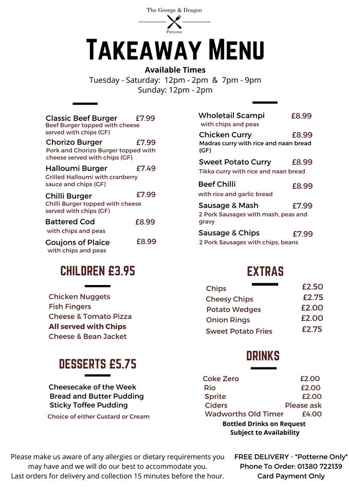 Menu at The George and Dragon pub & bar, Devizes