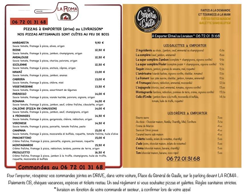 Menu au LA ROMA pizzeria, Lacanau, 11 Pl. du Général de Gaulle