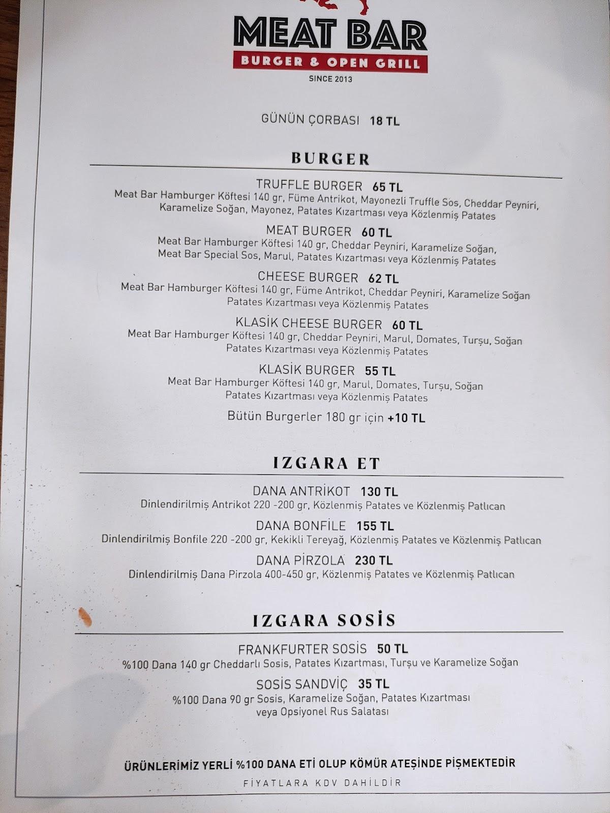 Carta de Meat Bar Burger&Open Grill, Estambul, Selvili Sokağı No:10