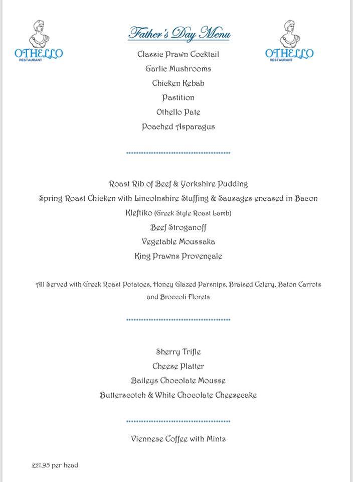 Menu at Othello restaurant, Grimsby