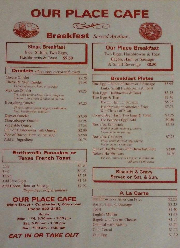 Menu at Our Place Cafe, Cumberland